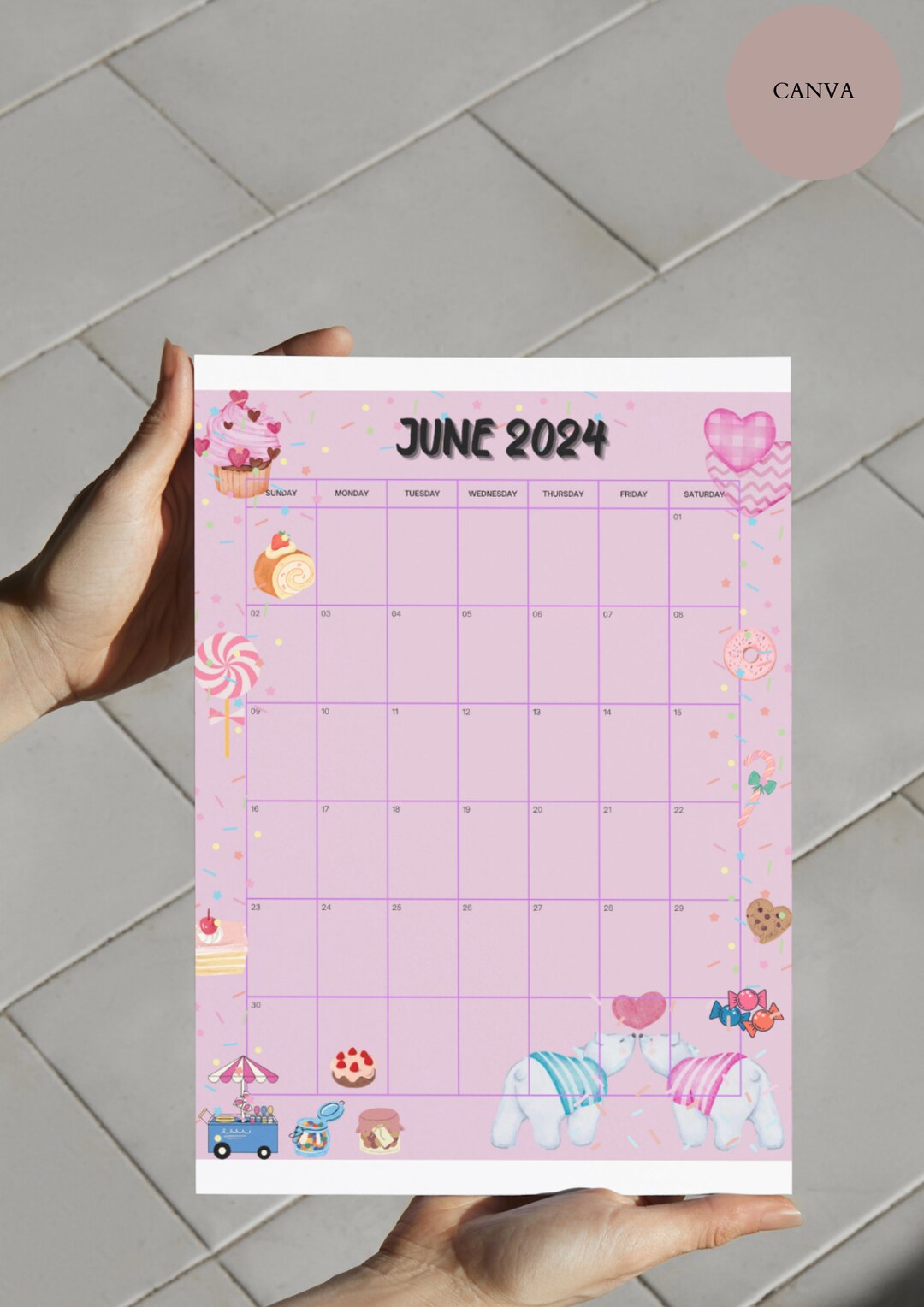 EDITABLE June 2024 Calendar, Happy Summer With Couple Bear& Candy ...