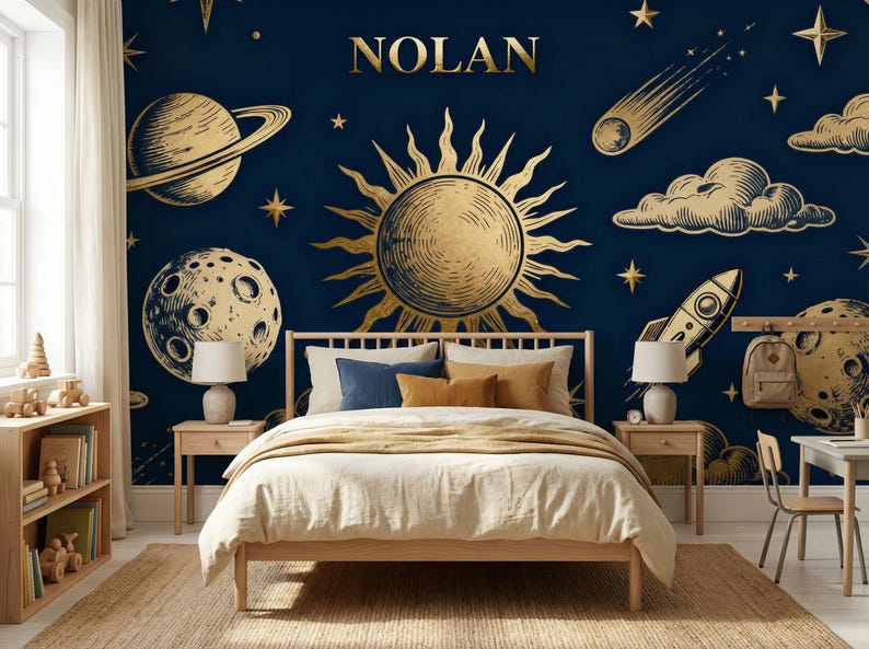 Personalized Celestial Wallpaper Navy Blue Gold Sun and Moon Vintage ...