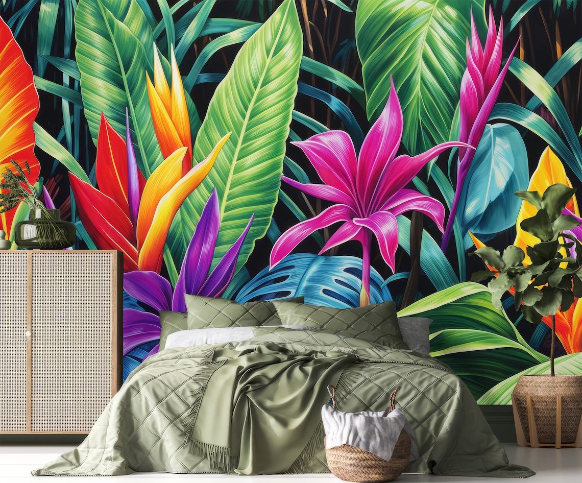 Watercolor Tropical Jungle Wallpaper Bold Botanical Rainforest Peel and ...