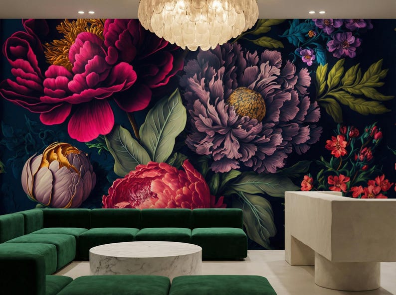 Romantic Flower Wall Mural Large Scale Peony Wallpaper Bold Living Room ...