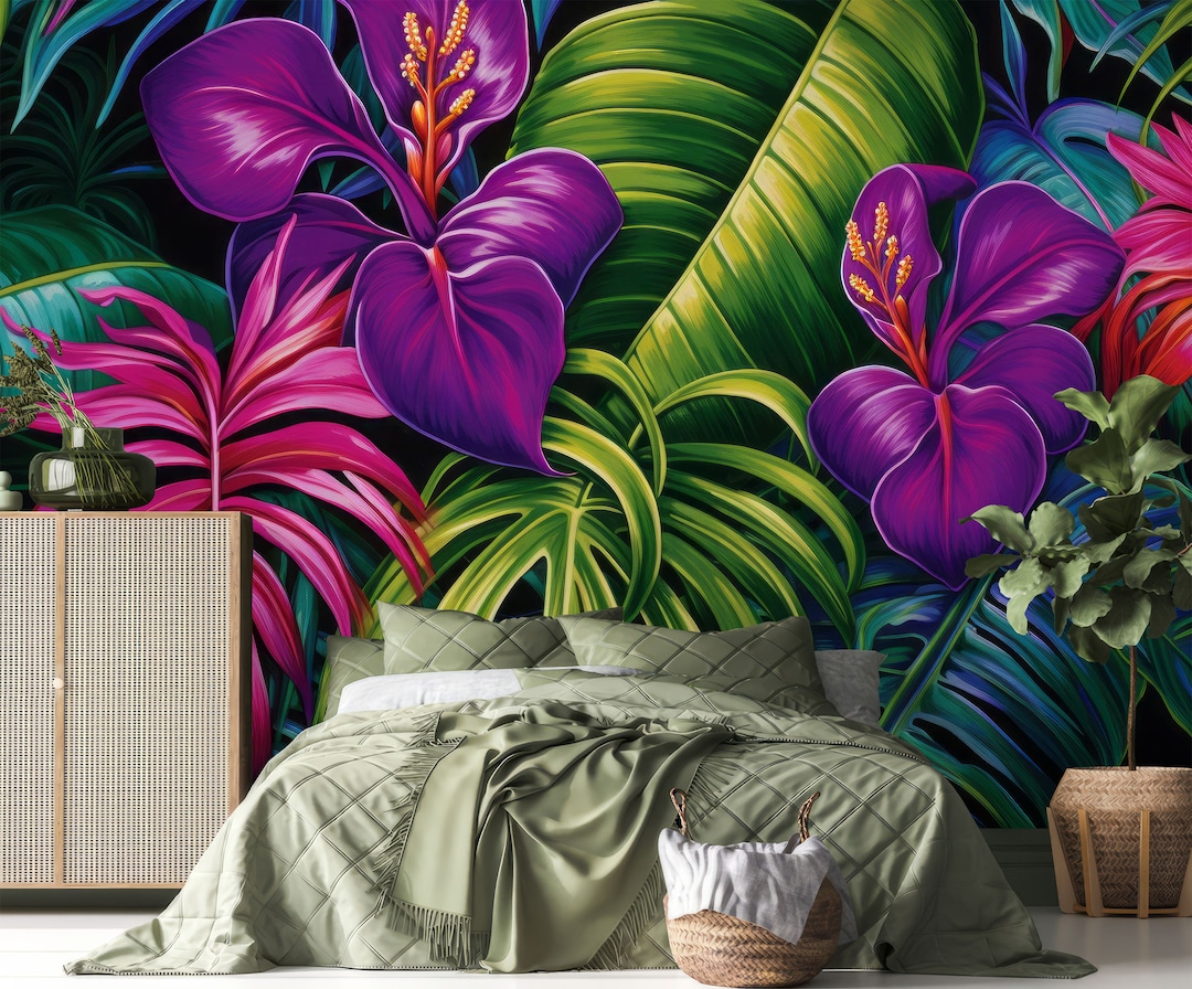 Tropical Wallpaper Colorful Tropical Leaves With Hummingbird Wall Mural ...