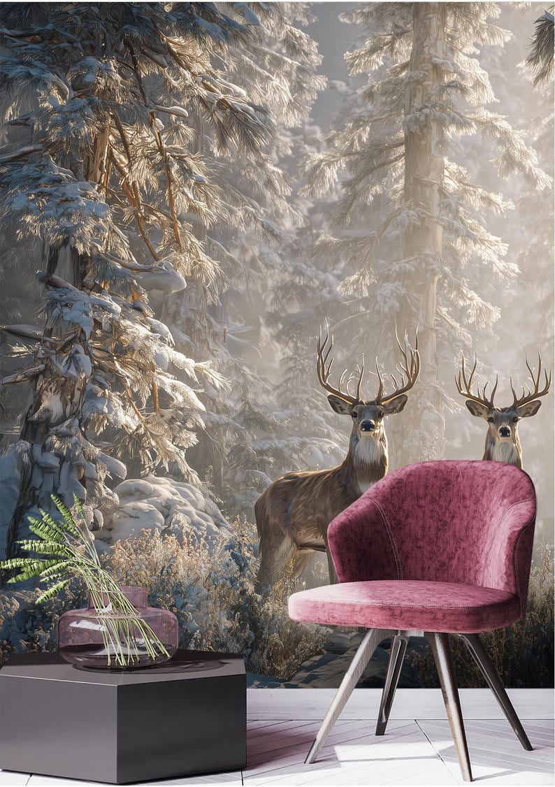Winter Deer Forest Mural – Woodland Scene With Bucks & Snow-covered ...