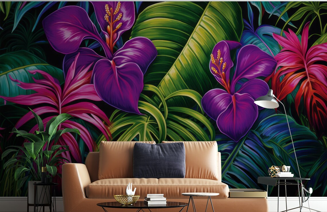 Tropical Wallpaper Colorful Tropical Leaves With Hummingbird Wall Mural ...