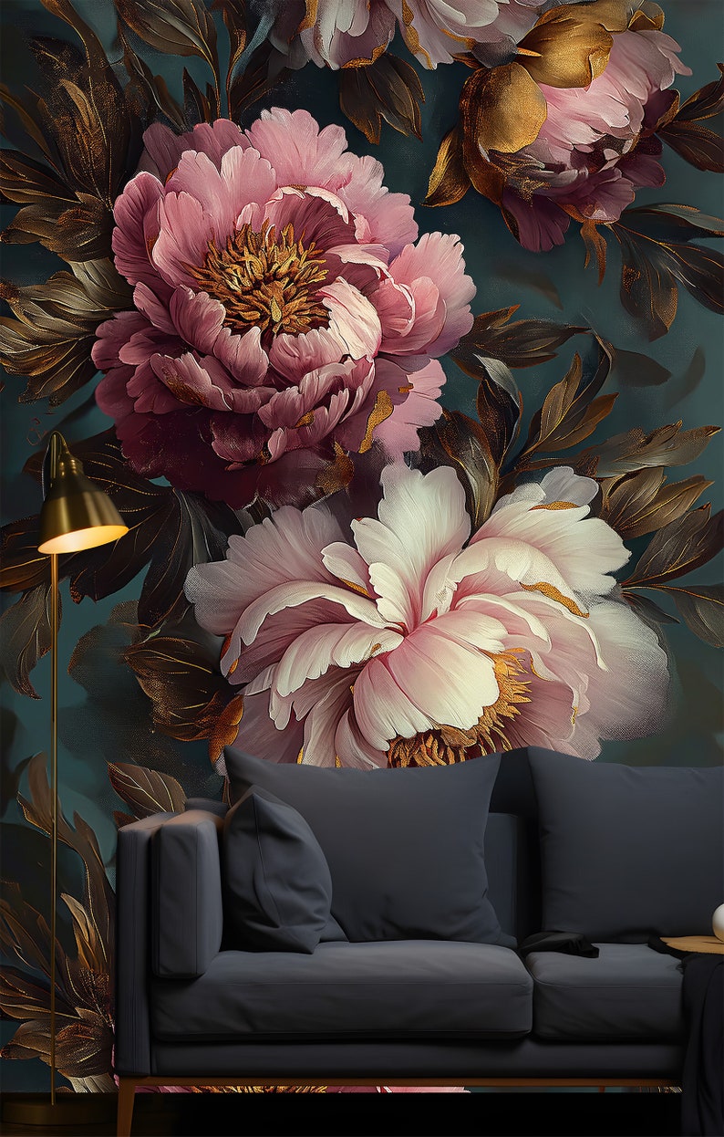 Peel and Stick Dark Floral Mural Beautiful Flowers Decor, Rose Peony ...