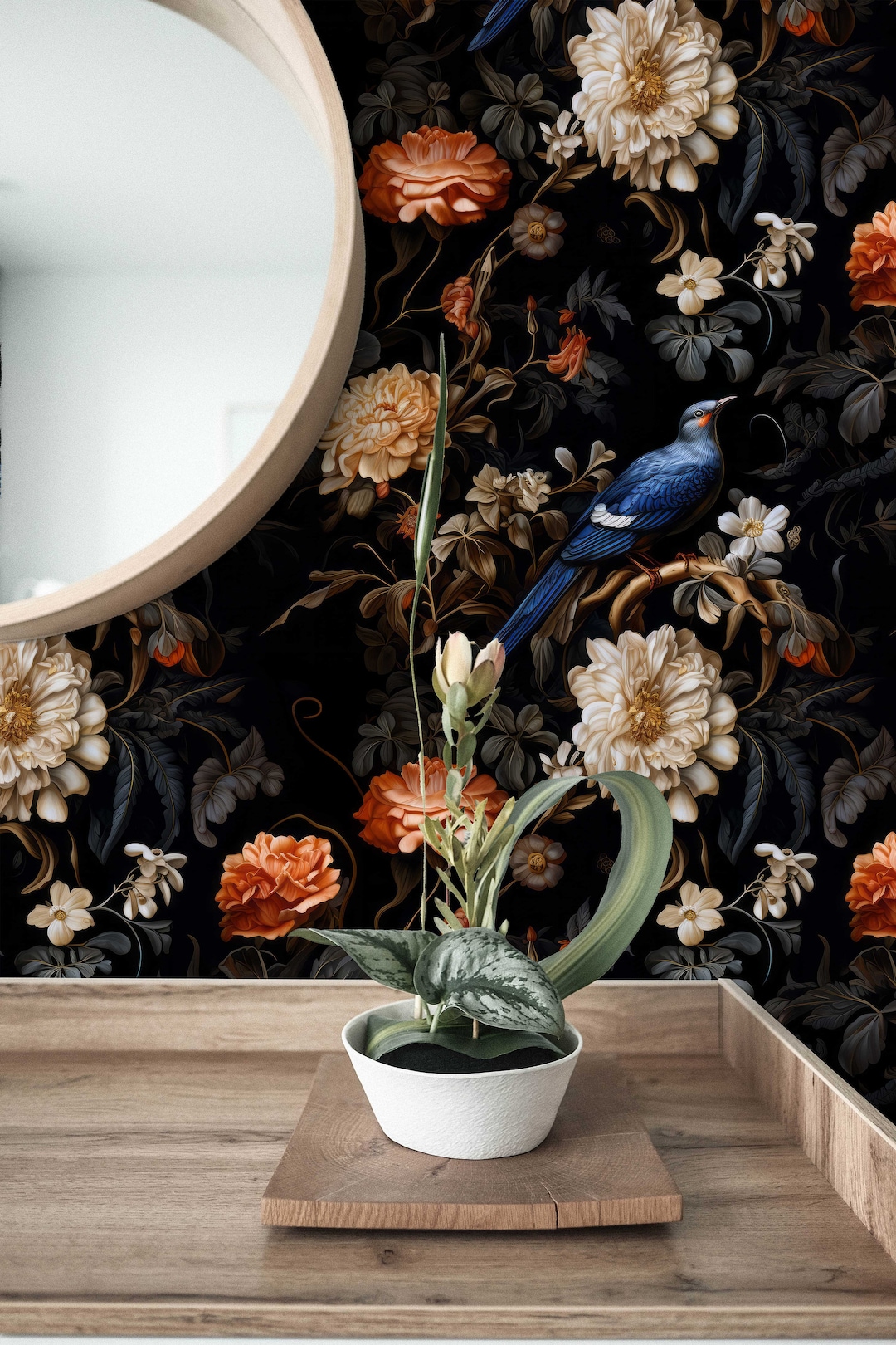 Dark Botanical Peel and Stick Wallpaper Vintage Birds and Floral ...