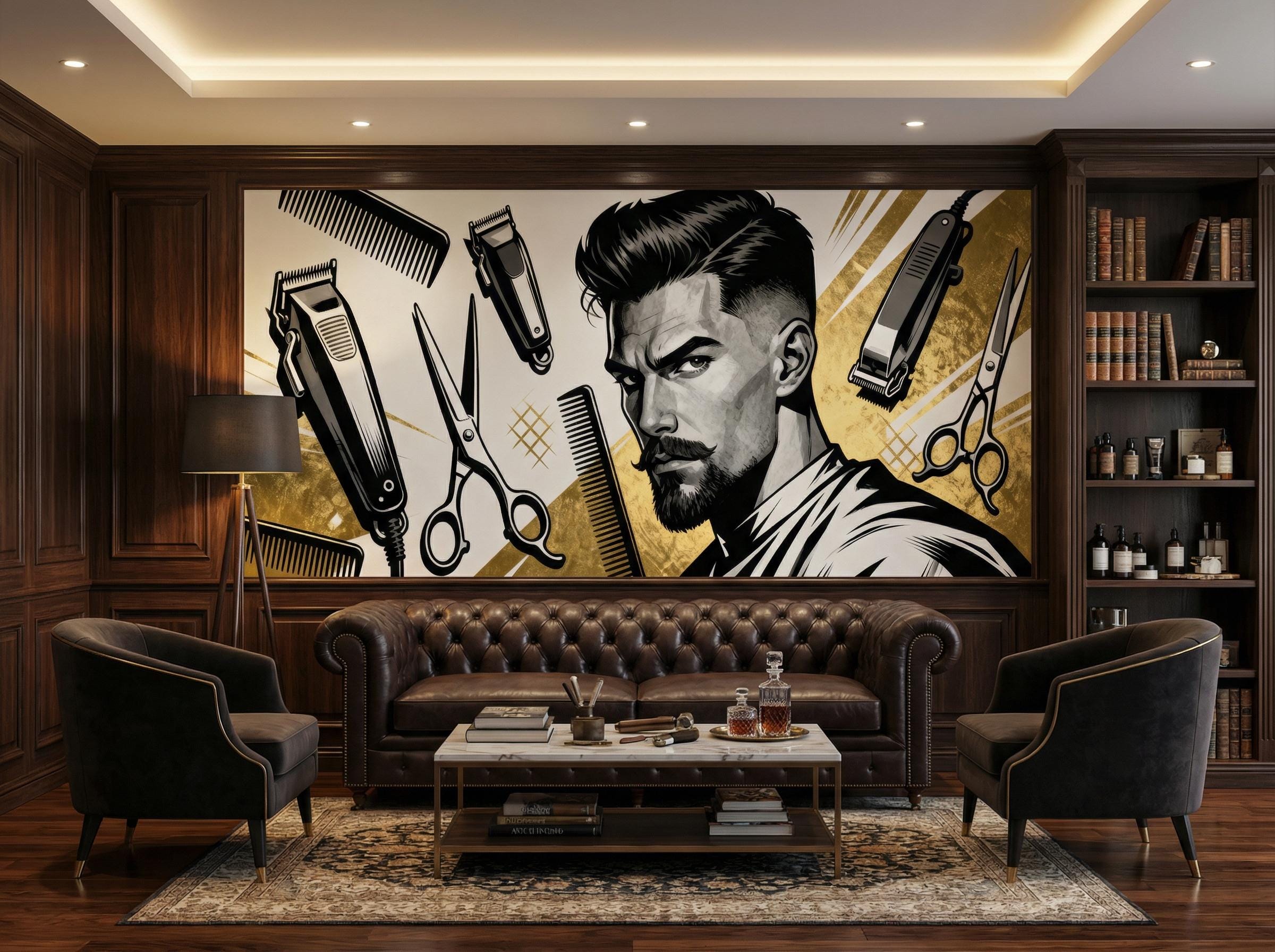 Retro Barbershop Wallpaper, Black Gold Salon Mural, Hair Stylist Decor ...