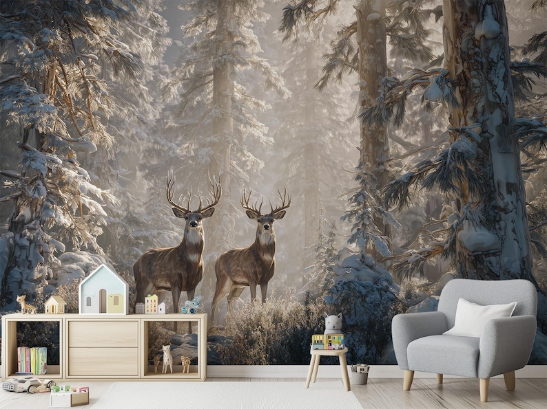 Winter Deer Forest Mural – Woodland Scene With Bucks & Snow-covered ...