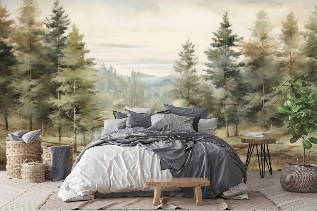 Vintage Landscape Wallpaper Roll, Forest Peel and Stick Mural, Self ...