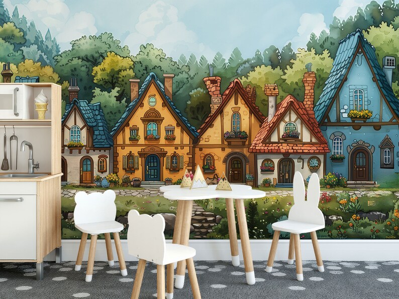 Delightful Cartoon Houses Wallpaper | Removable Nonwoven Wall Art ...