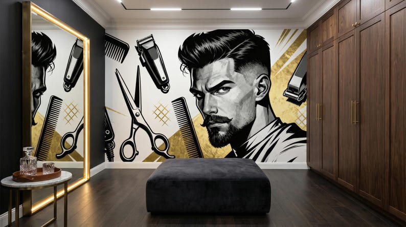 Retro Barbershop Wallpaper, Black Gold Salon Mural, Hair Stylist Decor ...