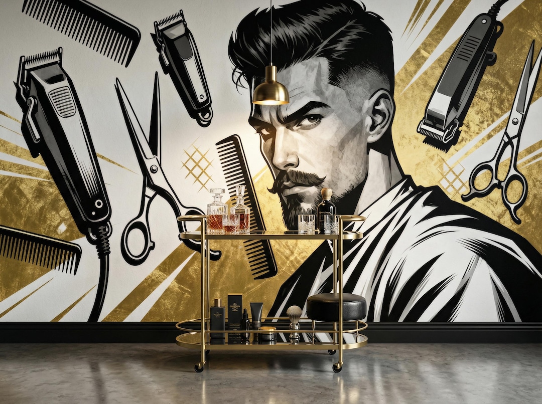 Retro Barbershop Wallpaper, Black Gold Salon Mural, Hair Stylist Decor ...