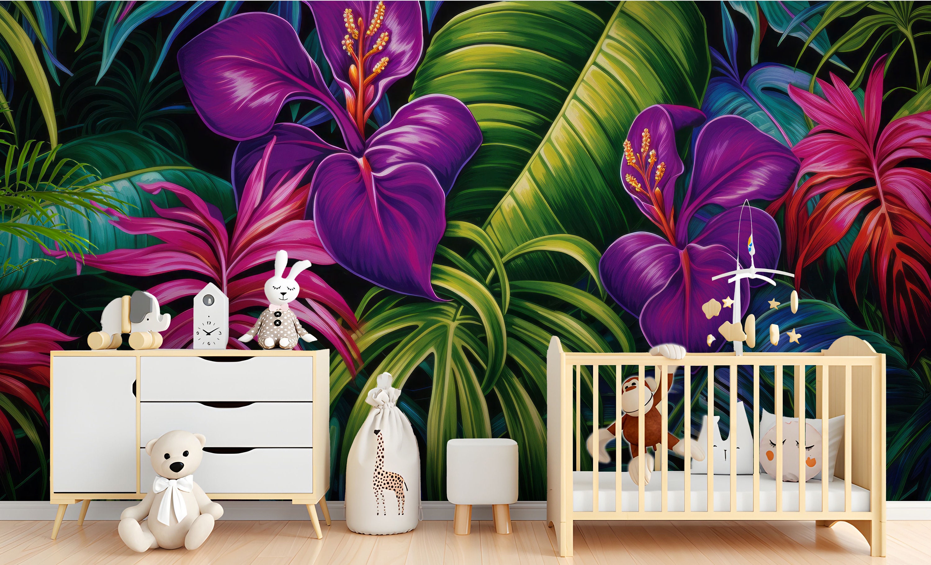 Tropical Wallpaper Colorful Tropical Leaves With Hummingbird Wall Mural ...