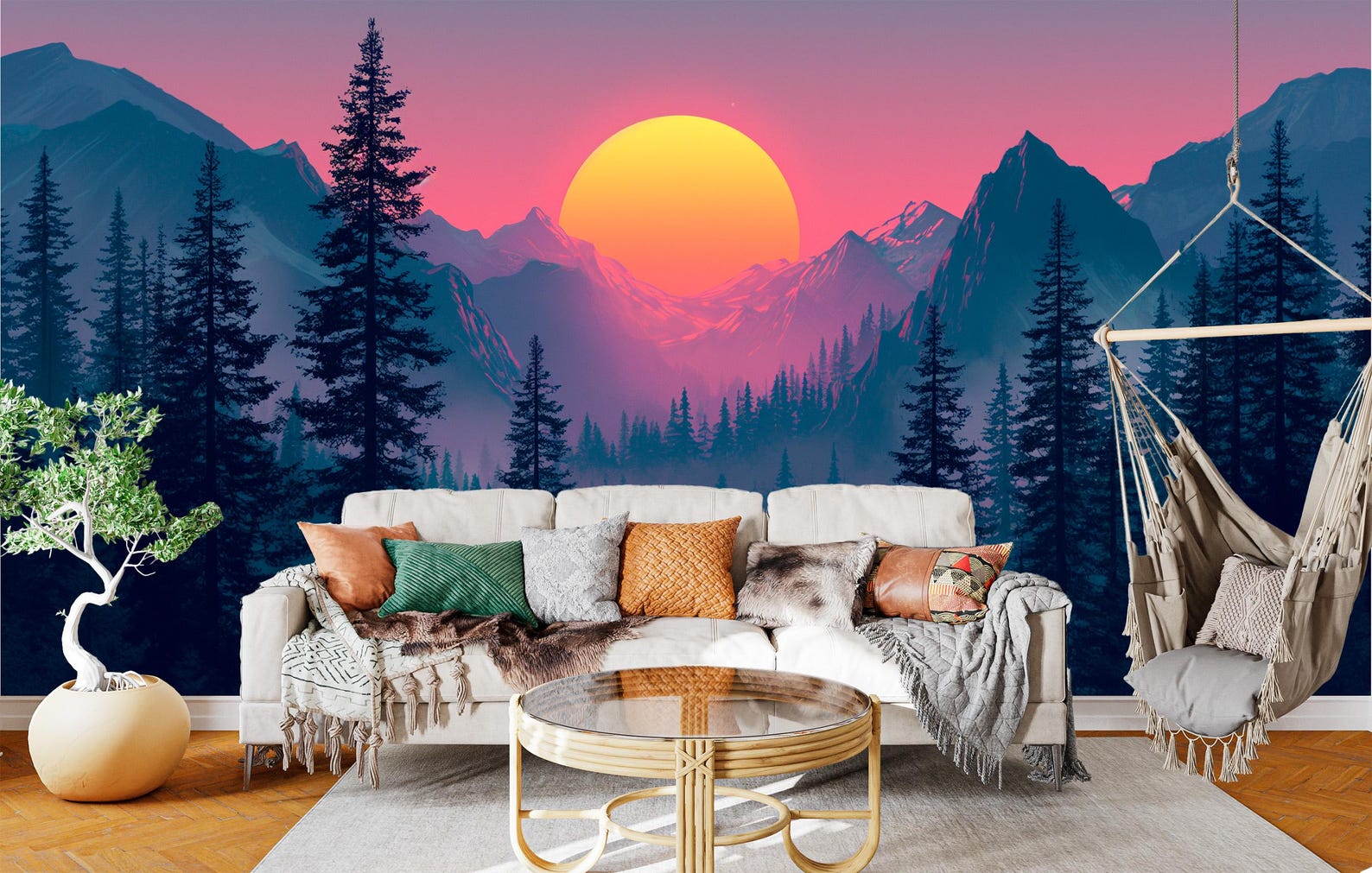 Sunset Over Pine Forest Wallpaper – Peel and Stick Mountain Nature ...