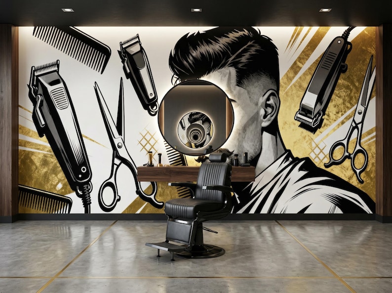 Retro Barbershop Wallpaper, Black Gold Salon Mural, Hair Stylist Decor ...