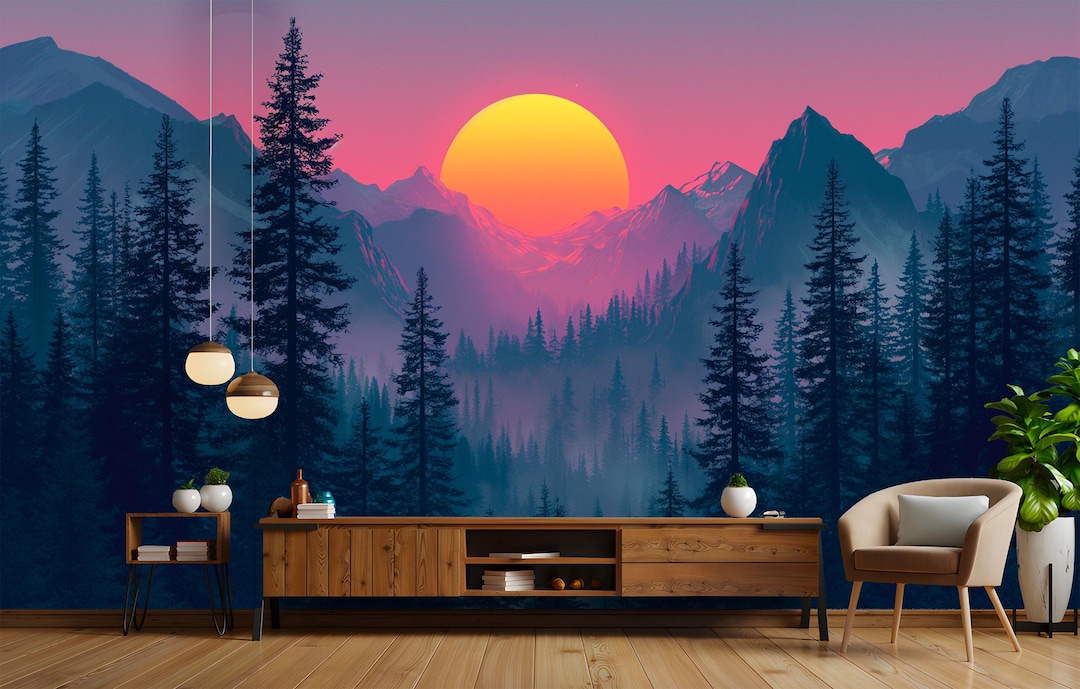 Sunset Over Pine Forest Wallpaper – Peel and Stick Mountain Nature ...