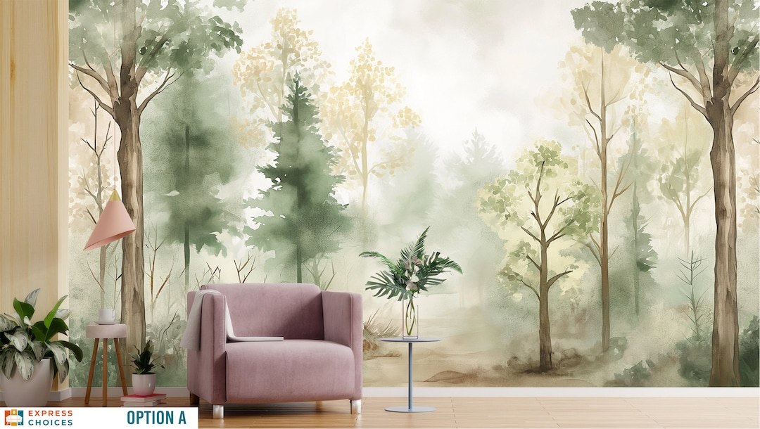 Winter Forest Mural Large Scale Boy Nursery Watercolors Woodland Scenic ...