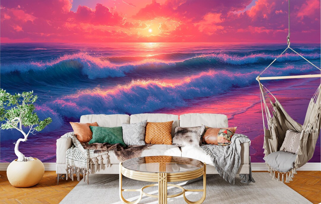 Sunset Ocean Waves Wallpaper – Peel and Stick Coastal Wall Mural ...