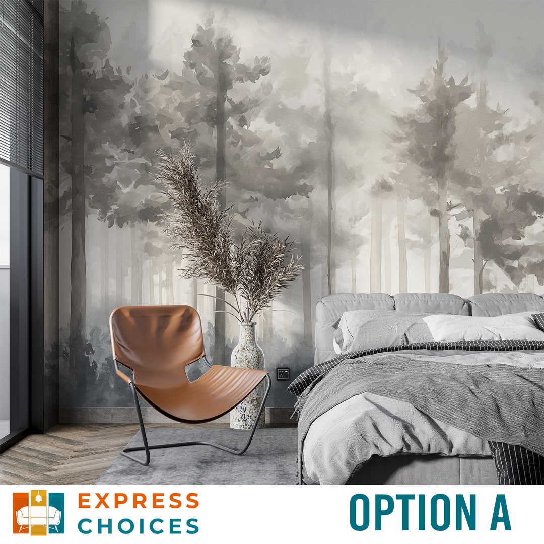 Grayscale Pine Tree Forest Landscape Wallpaper Peel and Stick Wall ...