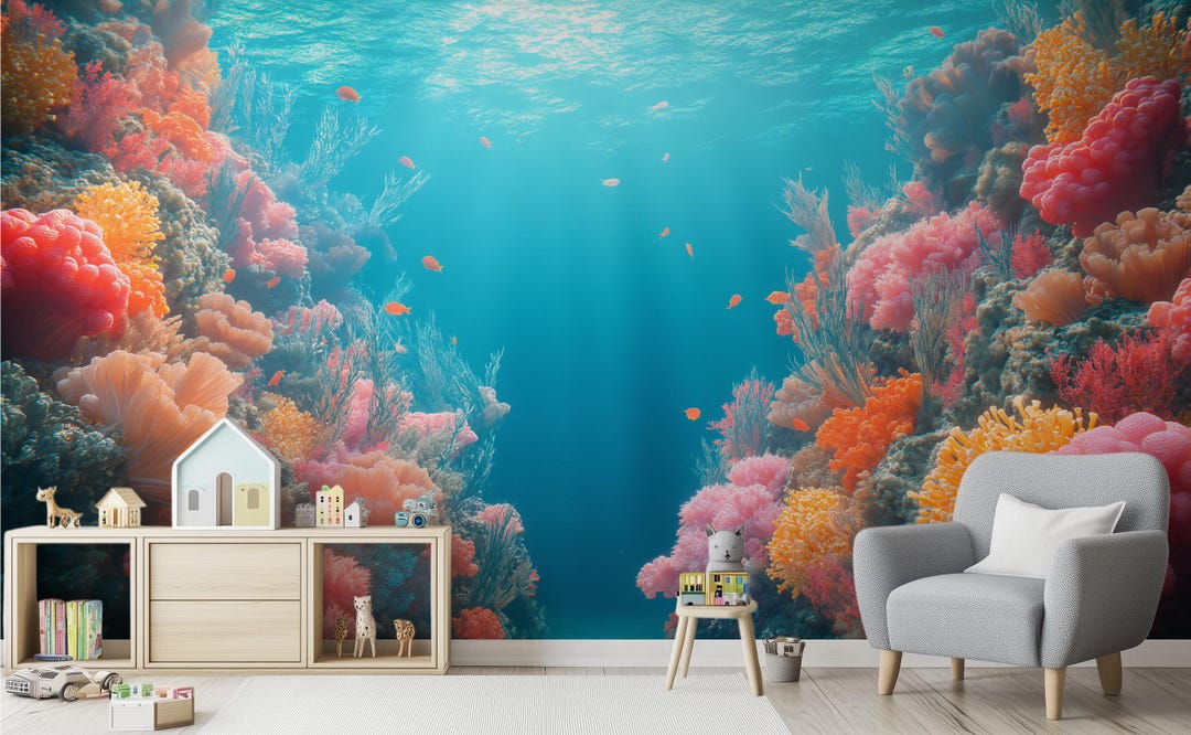 Colorful Coral Reef Wall Mural – Tropical Ocean Wallpaper With Fish ...