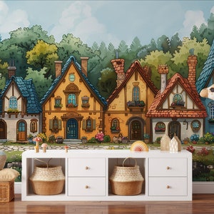 Delightful Cartoon Houses Wallpaper | Removable Nonwoven Wall Art ...