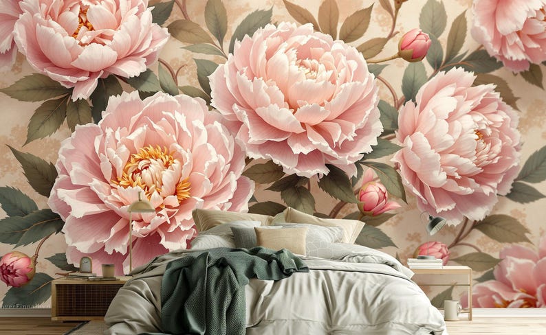 Vintage Peony Wallpaper - Elegant Floral Mural, Soft Pink Botanical ...