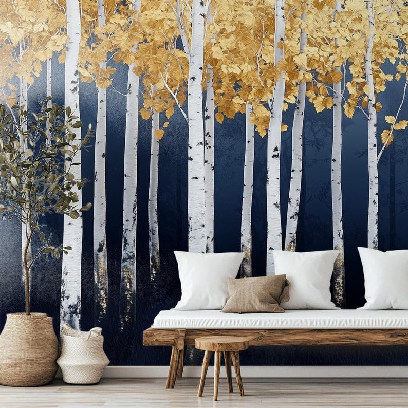 Abstract Golden Autumn Trees on Deep Blue" – Highlights the Unique ...