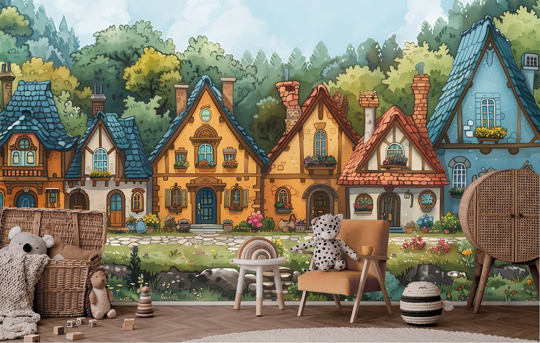 Delightful Cartoon Houses Wallpaper | Removable Nonwoven Wall Art ...