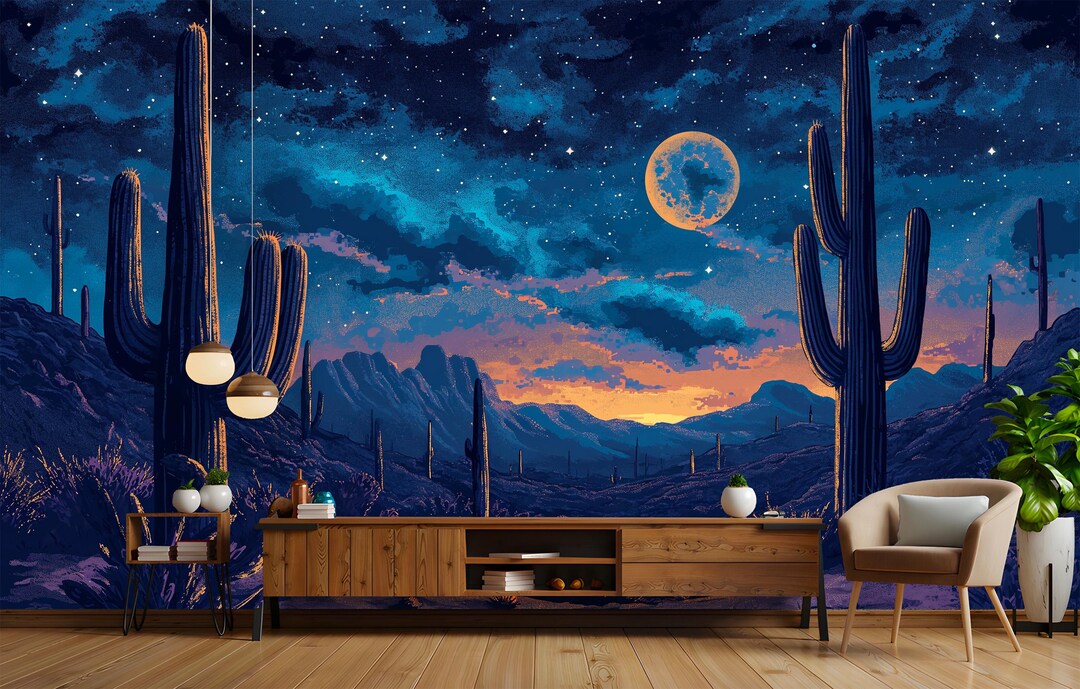 Southwestern Desert Night Wallpaper – Peel and Stick Mural With Saguaro ...