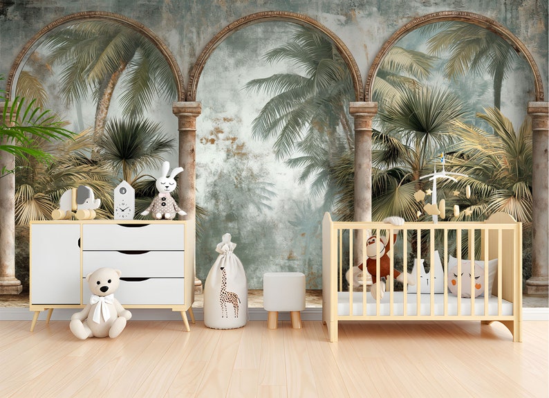 Antique Stone Arches Self-adhesive Wallpaper, Palm Tree Paradise ...