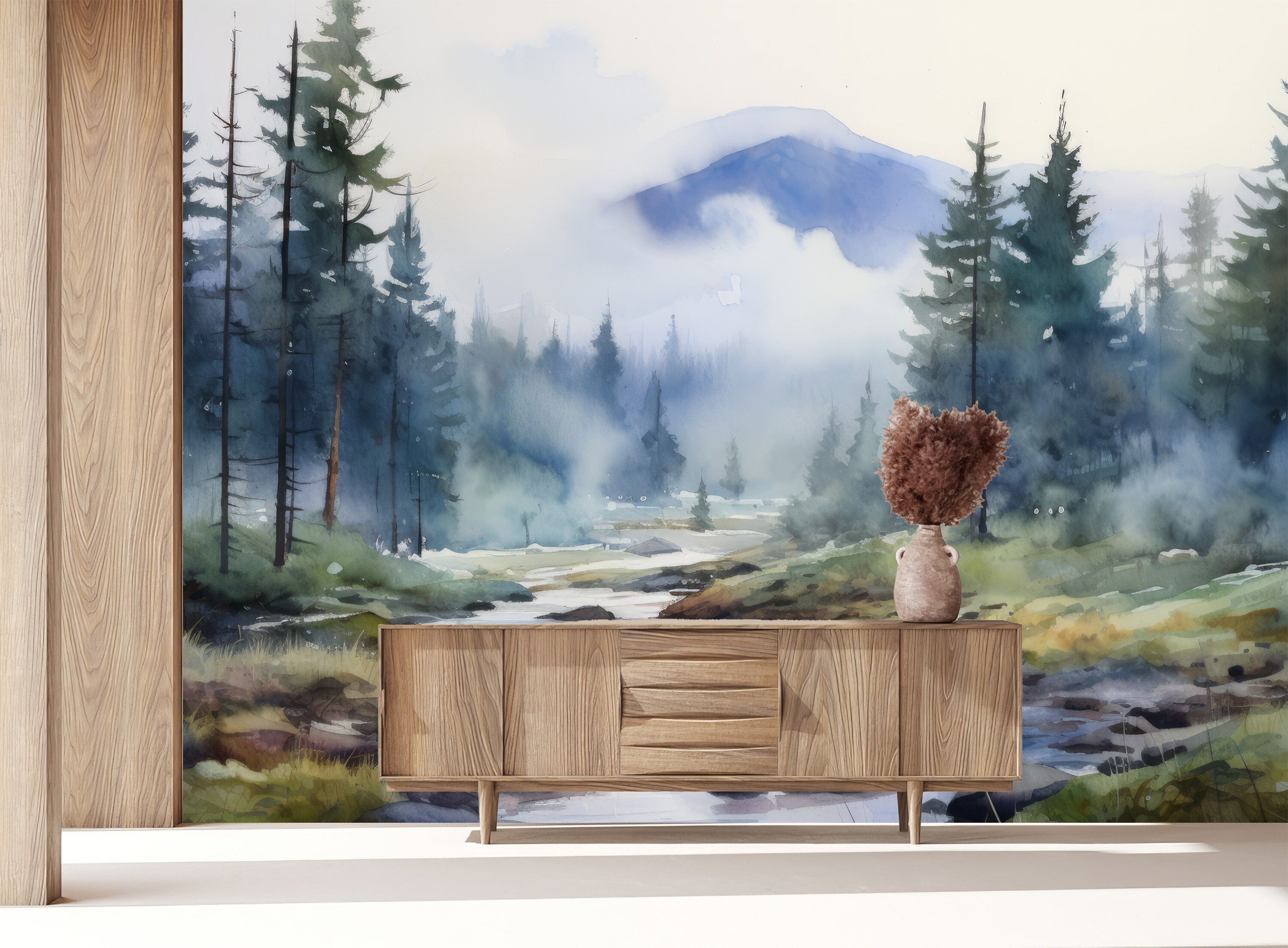 Watercolor Pine Tree Forest Peel and Stick Wallpaper, Nursery Décor ...