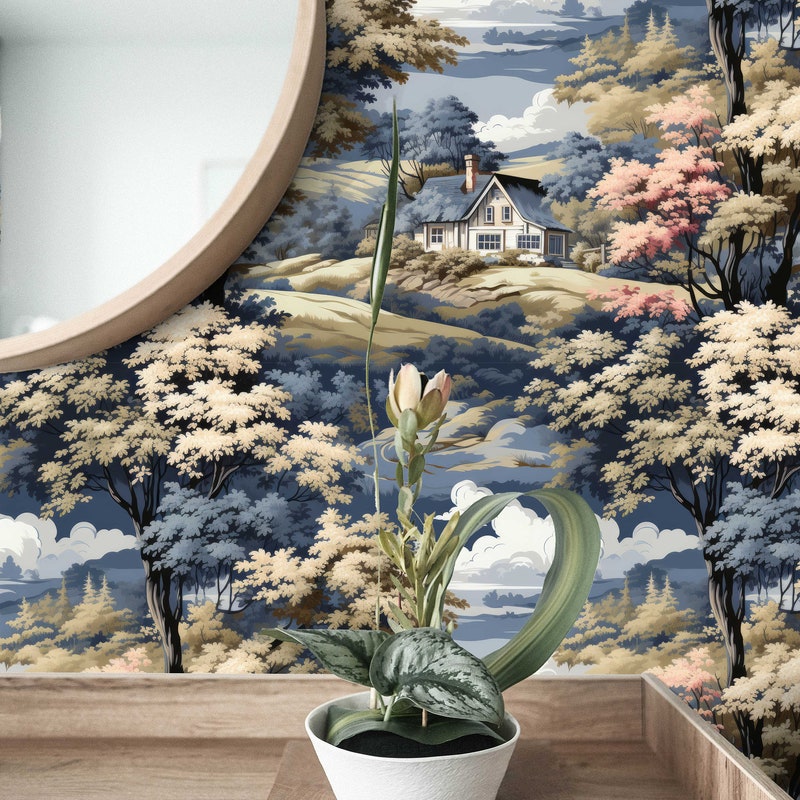 Blue Toile Wallpaper - Etsy
