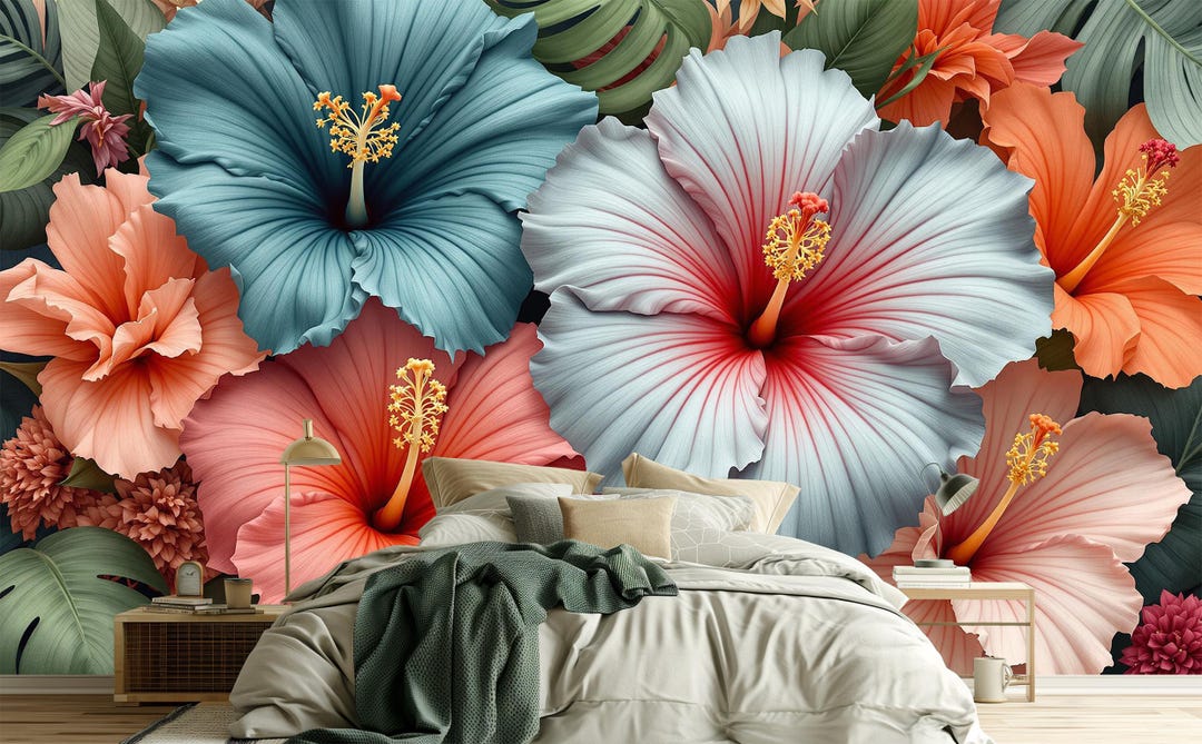 Tropical Hibiscus Wallpaper – Colorful Floral Mural for Accent Wall ...