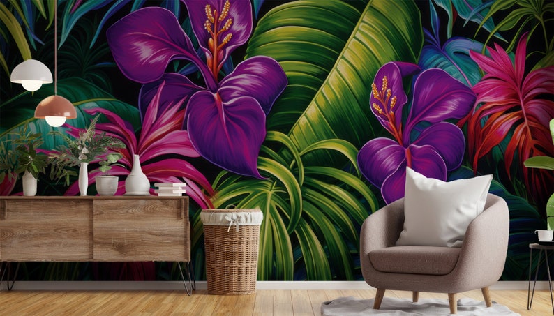 Tropical Wallpaper Colorful Tropical Leaves With Hummingbird Wall Mural ...