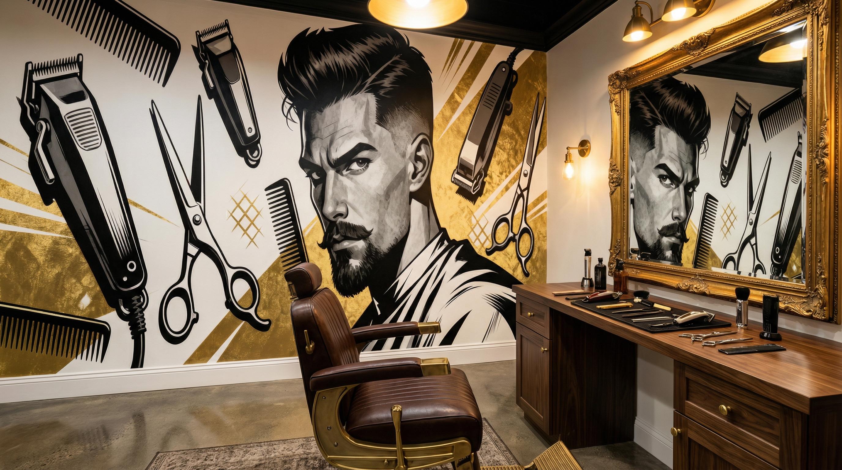 Retro Barbershop Wallpaper, Black Gold Salon Mural, Hair Stylist Decor ...