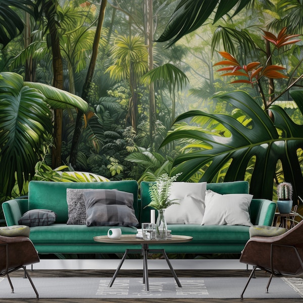 Tropical Rainforest Wallpaper Mural Lush Green Jungle Forest Design - Etsy