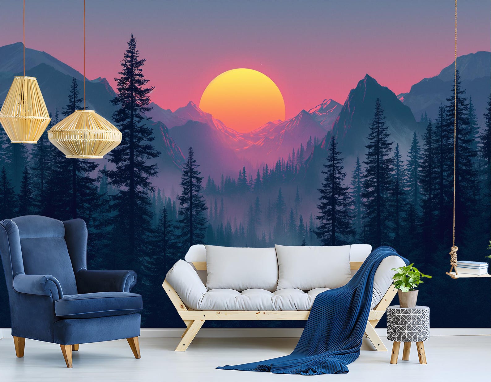 Sunset Over Pine Forest Wallpaper – Peel and Stick Mountain Nature ...