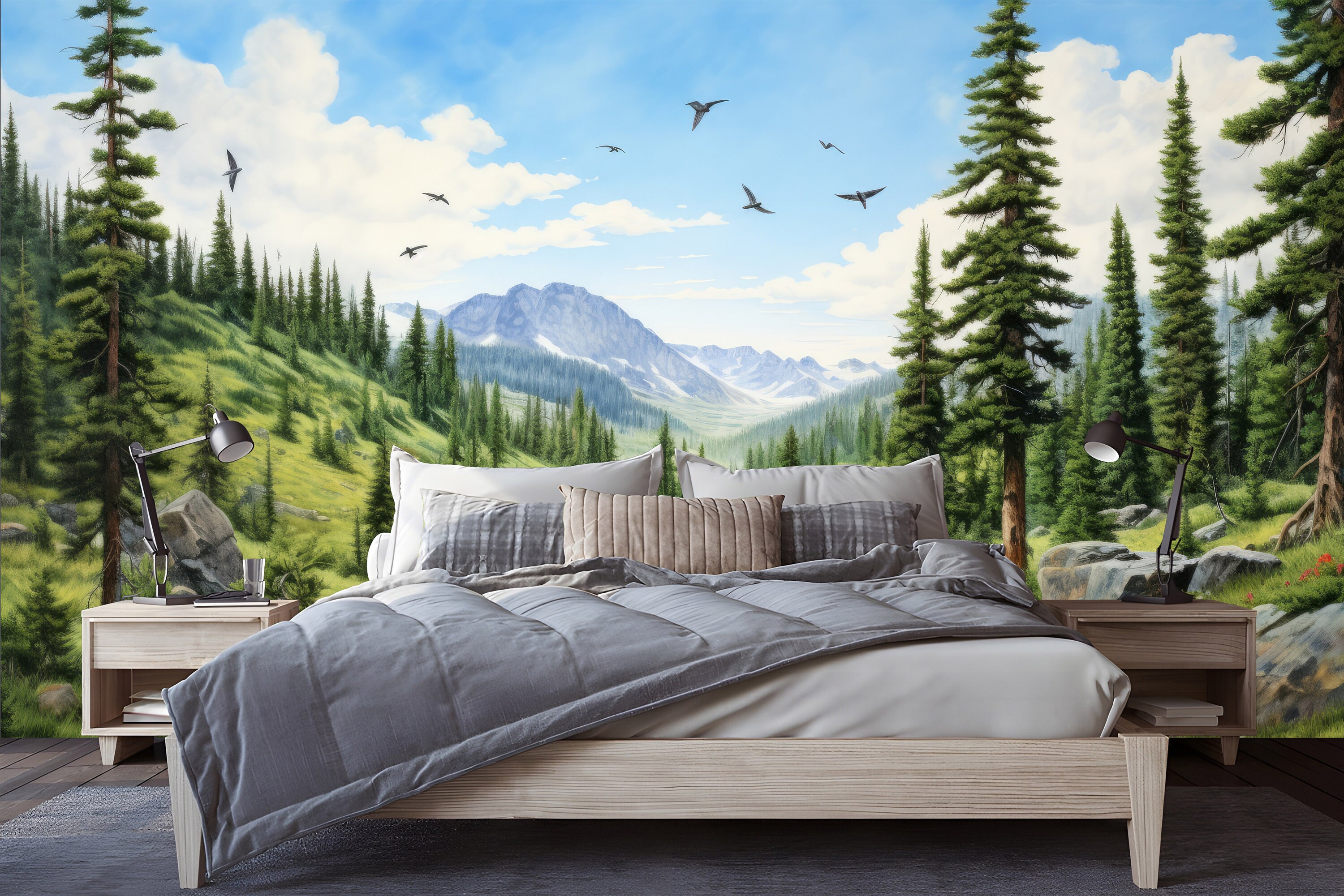 Pine Tree Forest Wall Mural, Watercolor Wallpaper, Peel and Stick, Self ...