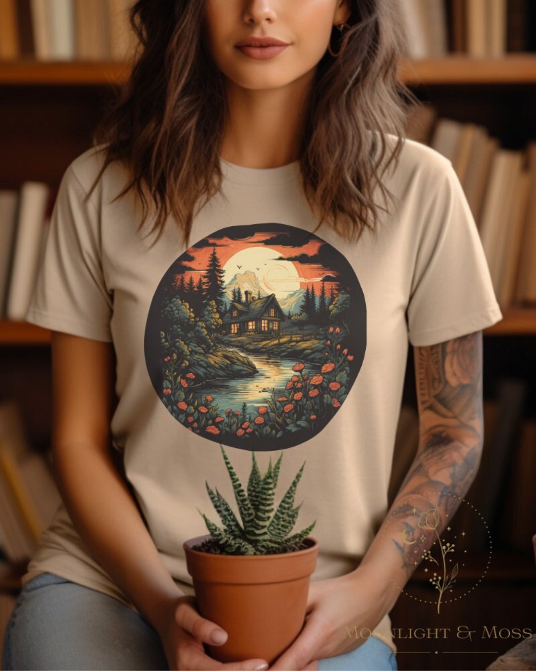 Cottage Core Cabin in the Woods With River and Wildflowers Tshirt ...