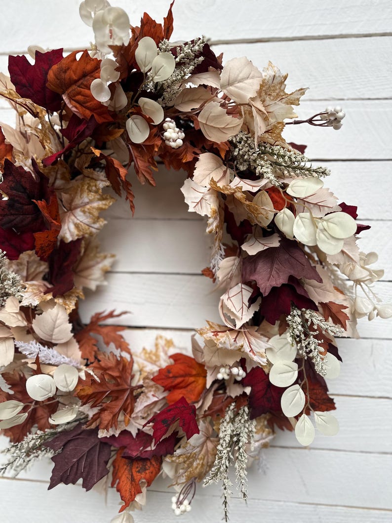WREATH Maple Boho Wreath for Front Door Maple Leaf, Feather Leaf, Cream ...
