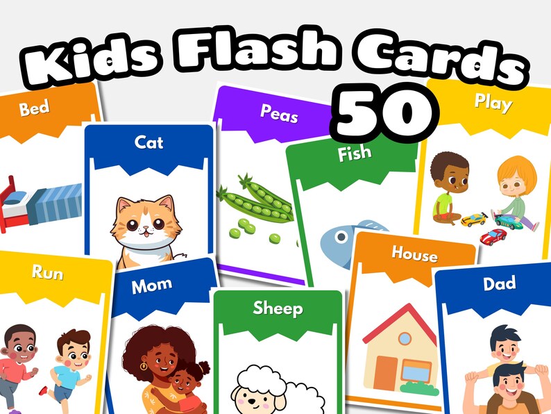 50 Printable Kids Flash Cards. Size 5 by 7. Everyday Words, Animals ...