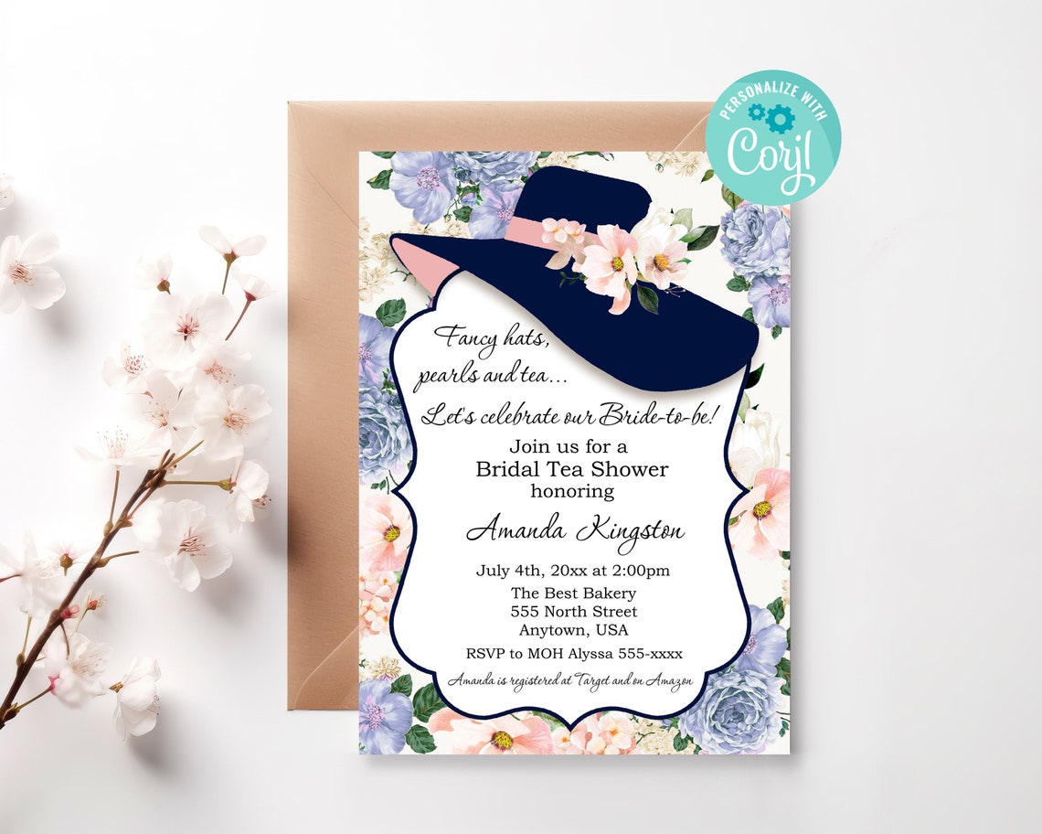 Navy Blue Blush Fancy Big Hat Bridal Tea Party Invitation Baby Shower ...