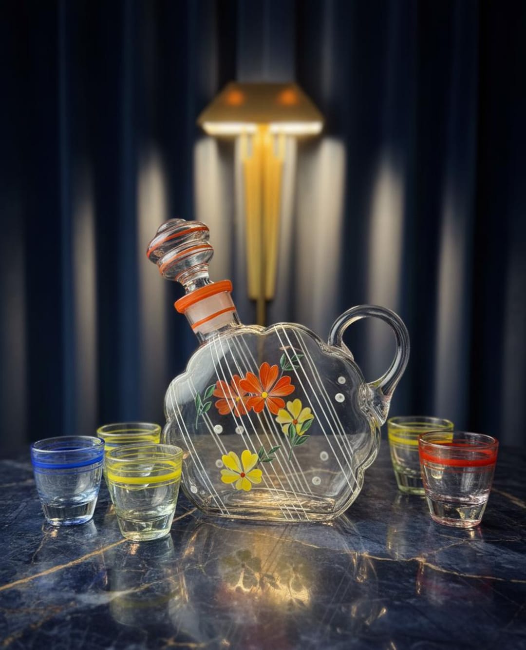 Art Deco Glass Carafe Set – Hand-painted Floral, Colored Rim Glasses, C ...