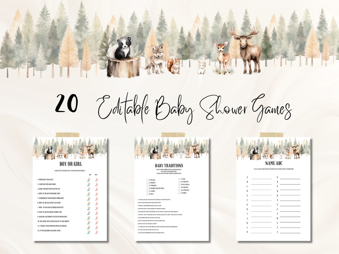 Woodland Animals Baby Shower Games Bundle, Forest Animals Baby Shower ...