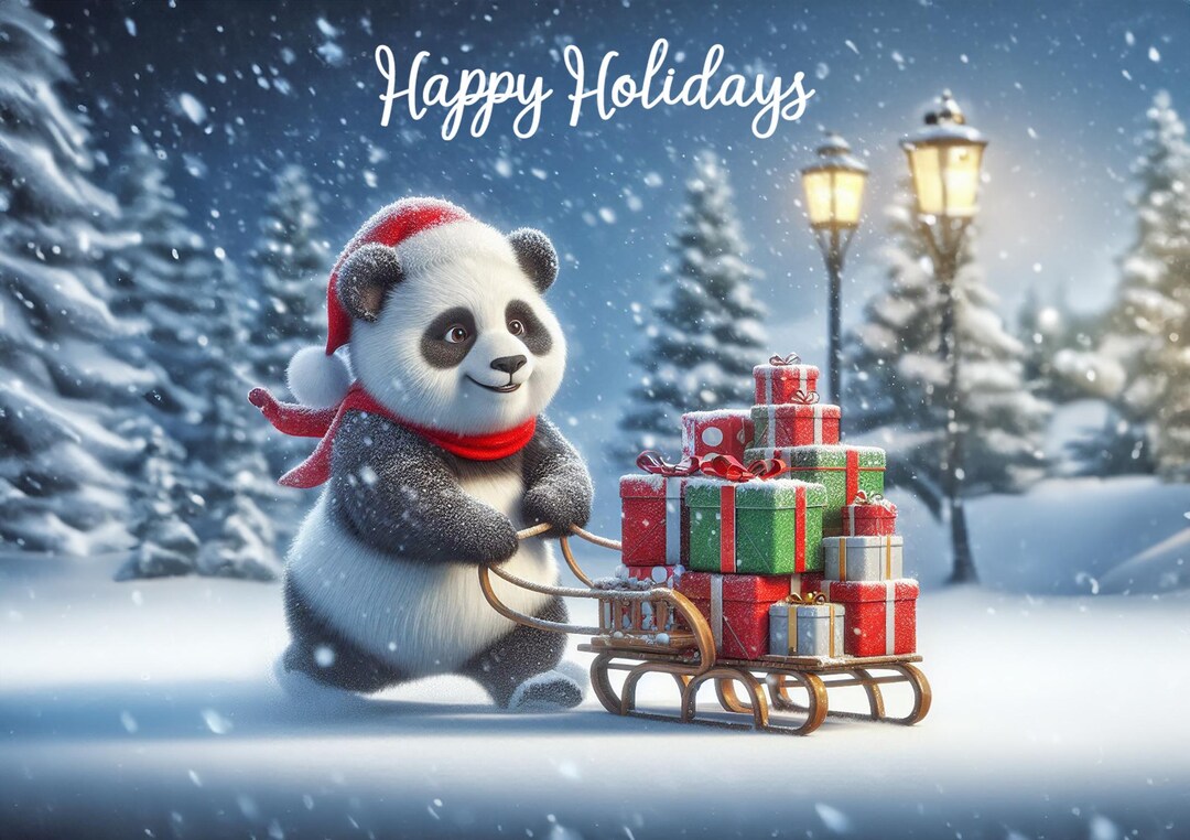 Panda Bear happy Holidays Christmas Card - Etsy