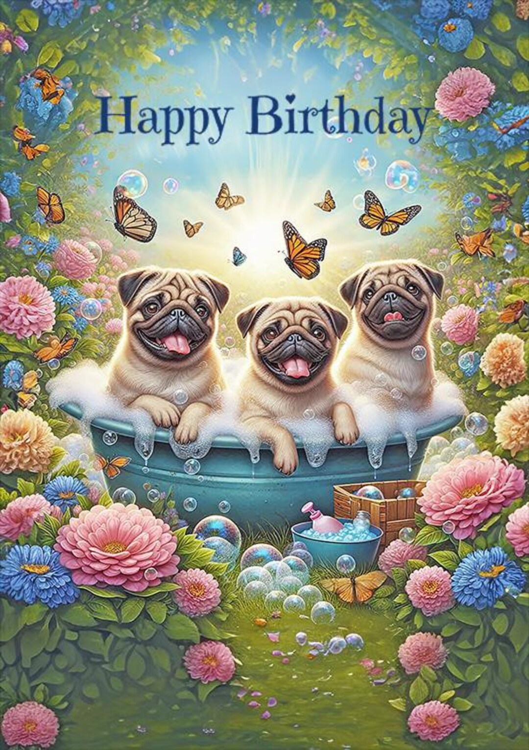 Pug Bath Birthday Card - Etsy