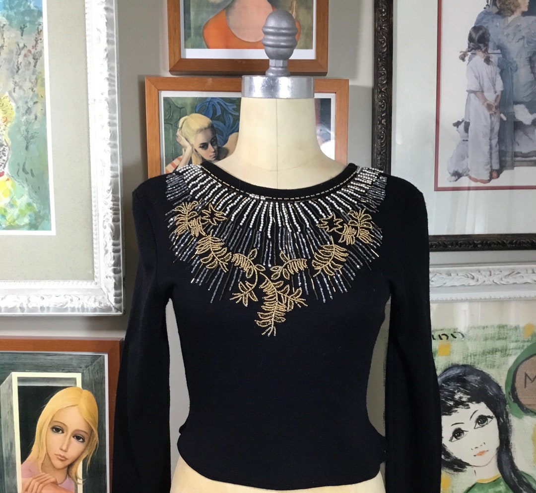 Gantos 1980’s Women’s Black Beaded Sweater Top - Etsy