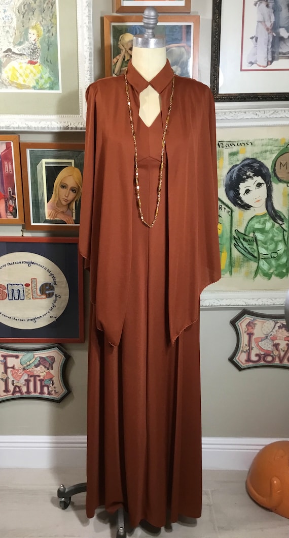 Vintage 1970’s Rust Maxi Dress with Cape - Gem