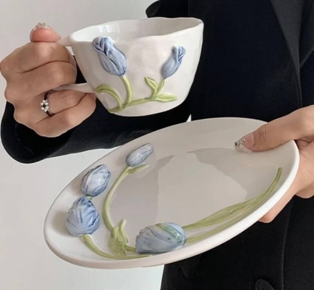 Tulip Ceramic Mugs 3D Embossed Hand Pinched Coffee Cups Hand-painted ...