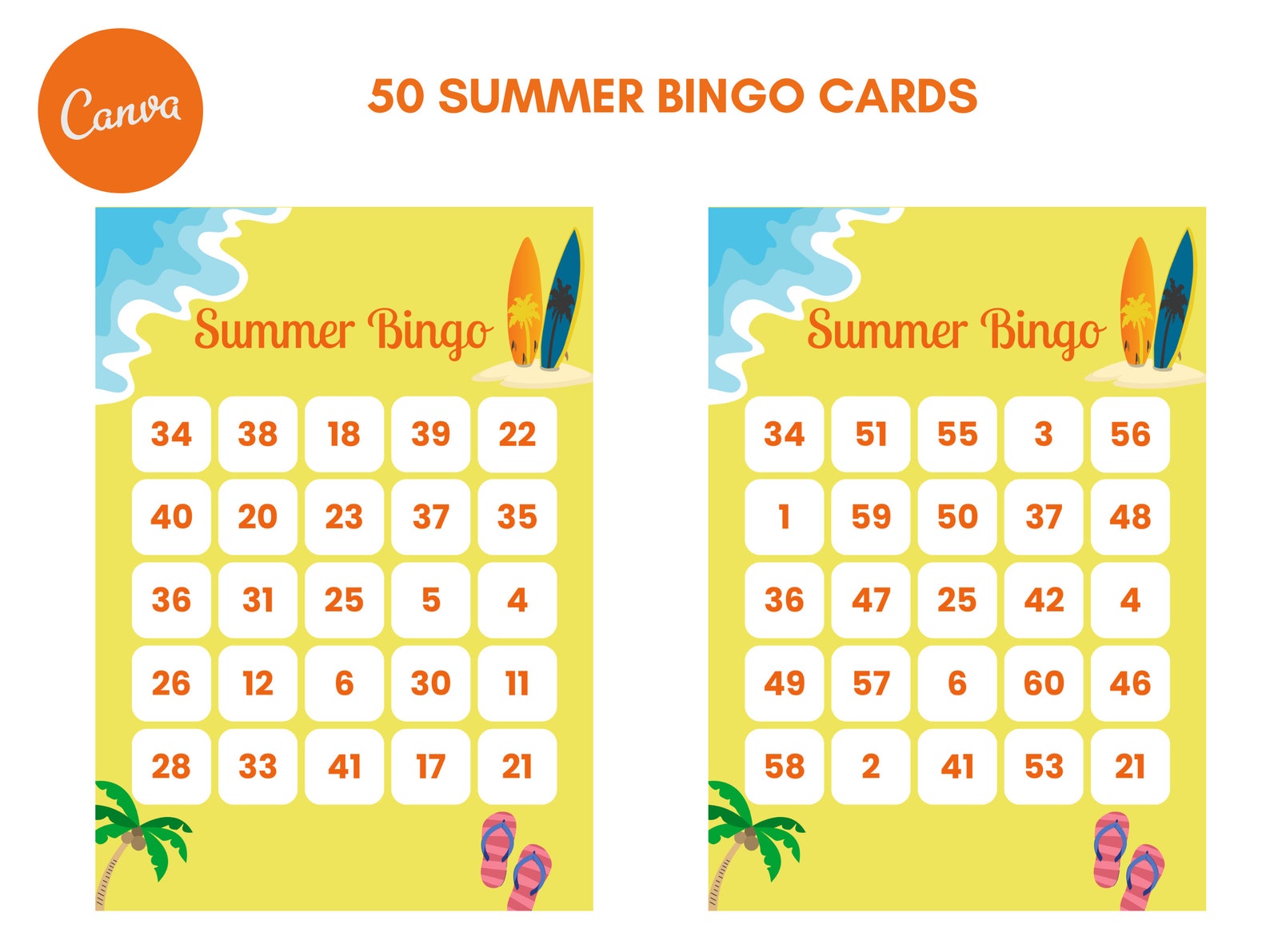 50 Different Printable Summer Bingo Cards / Tropical Bingo - Etsy
