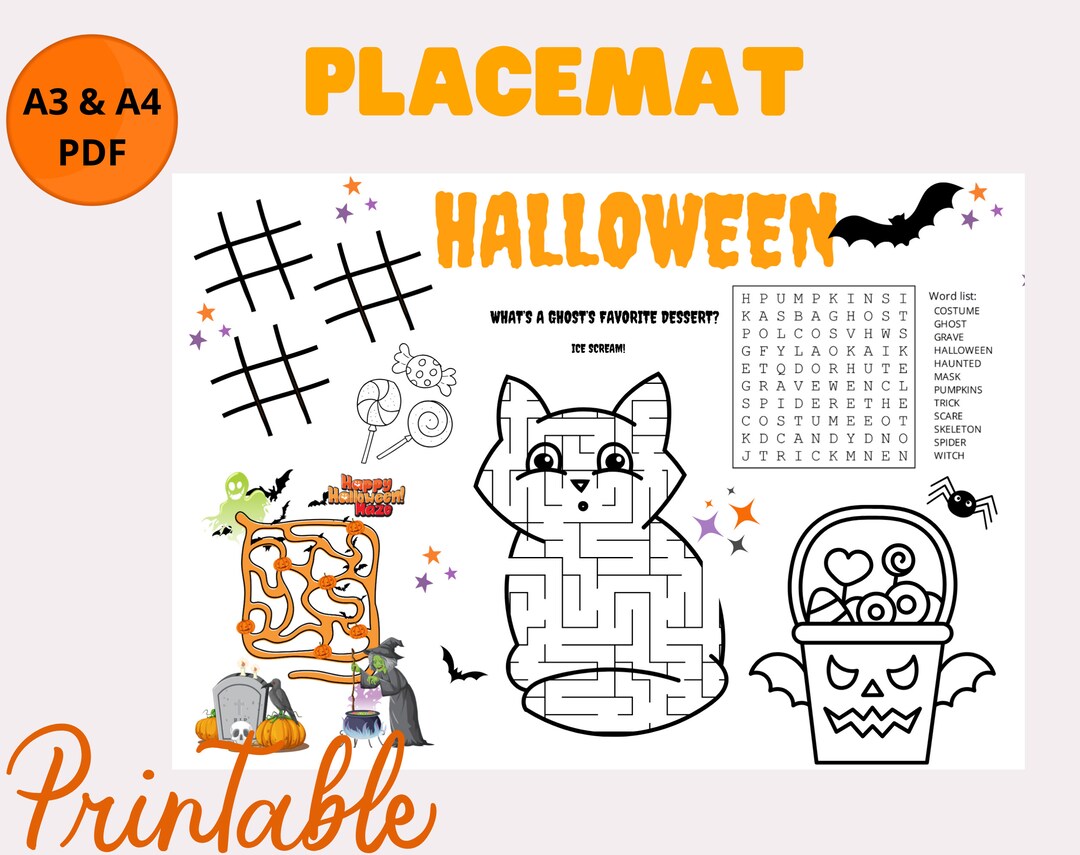 Printable Halloween Placemat, Halloween, Halloween Games, Maze, Tic Tac ...